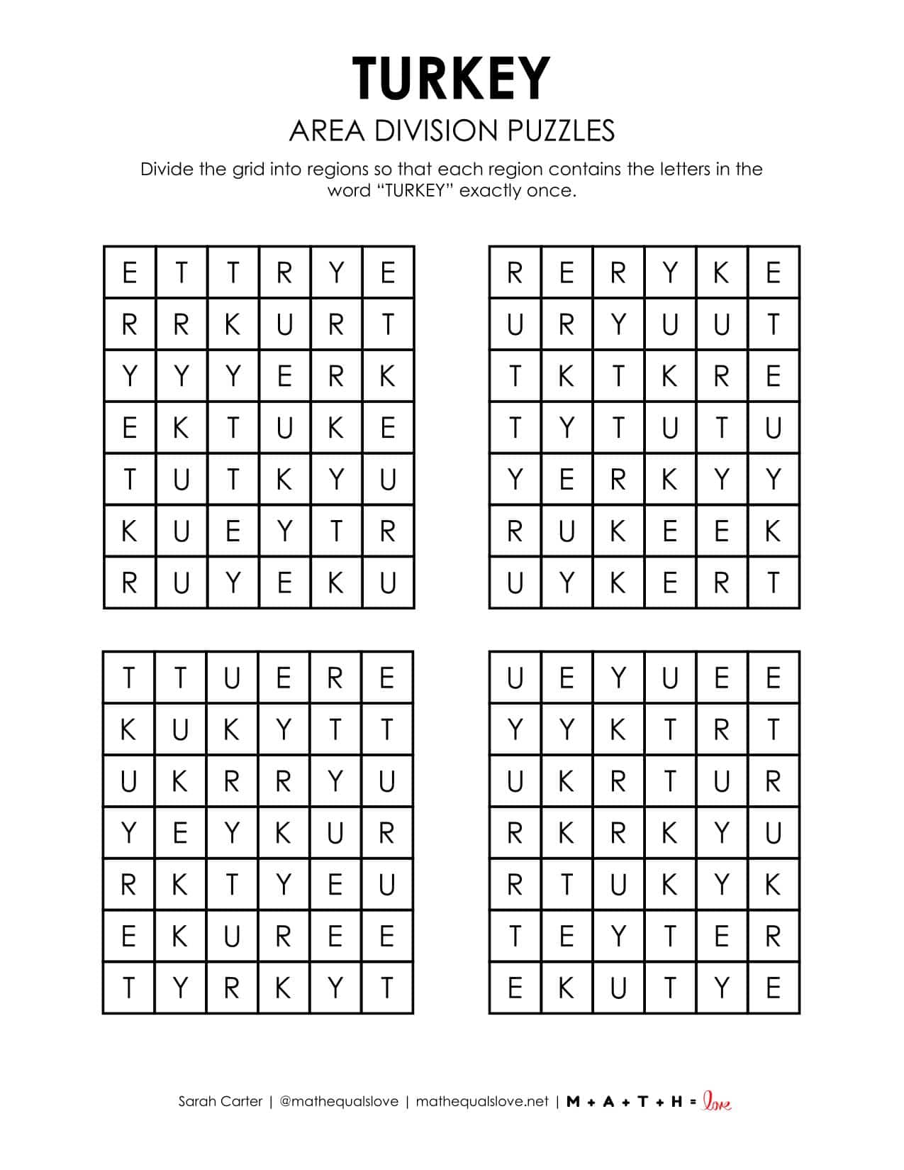 Turkey Area Division Logic Puzzles | Math = Love