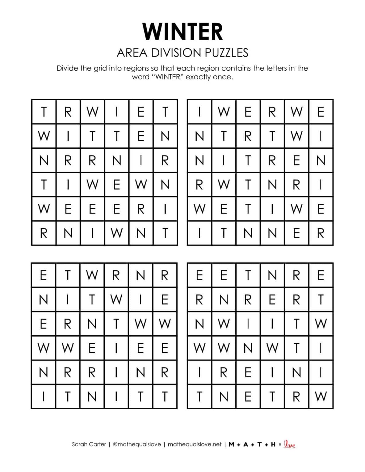 Winter Area Division Logic Puzzles | Math = Love