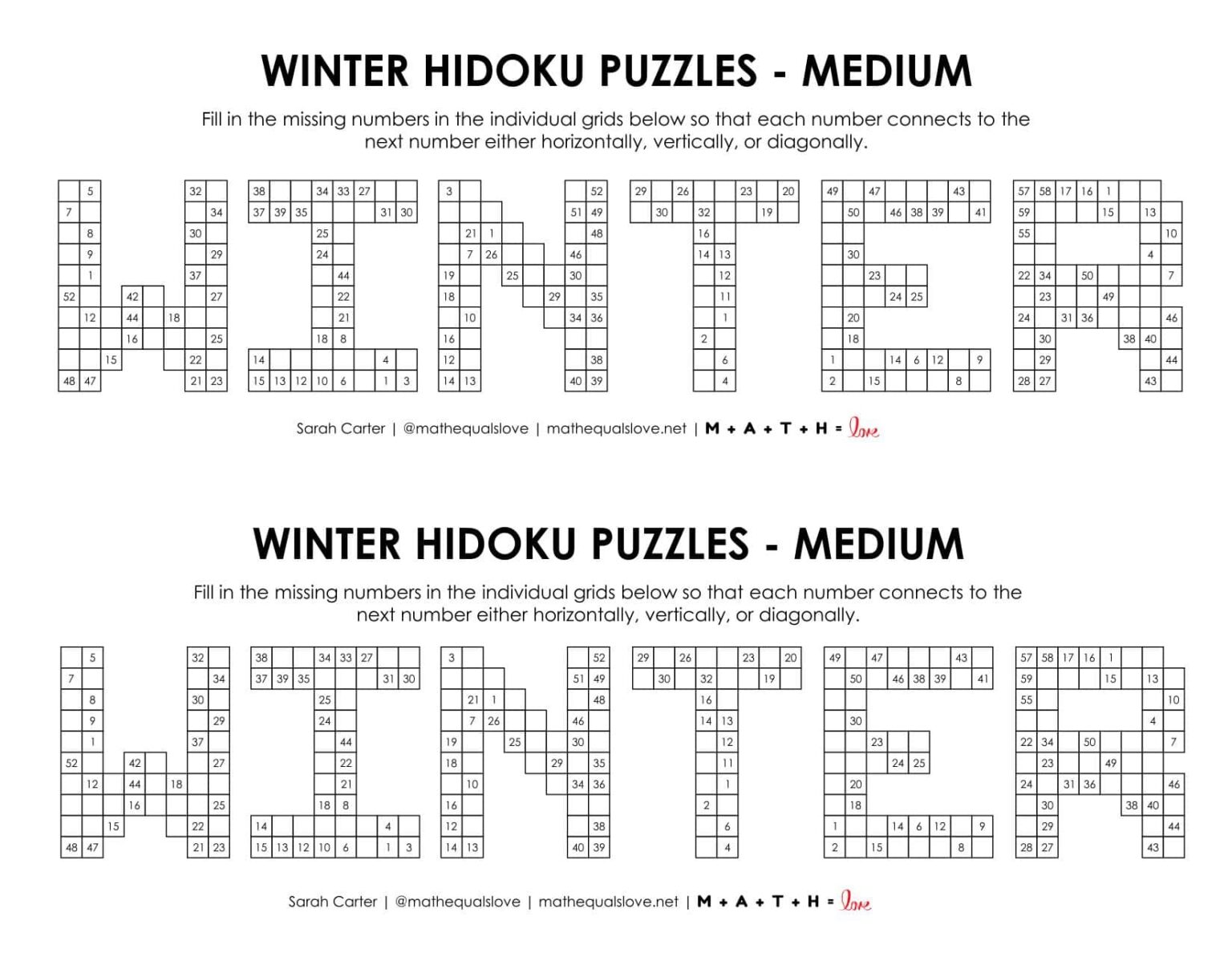 Winter Hidoku Puzzles | Math = Love