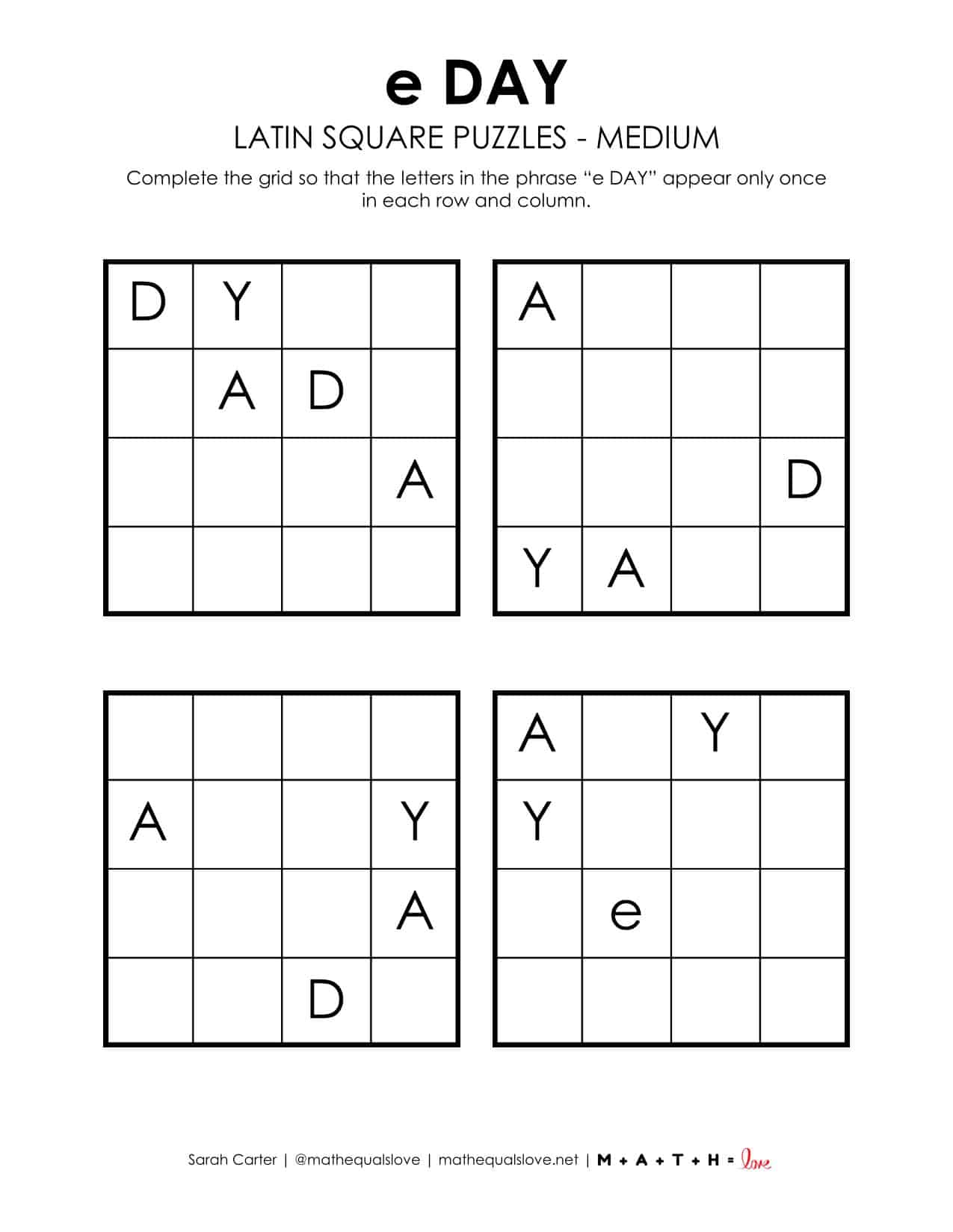 e Day Latin Square Puzzles | Math = Love