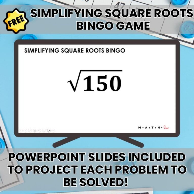 Simplifying Square Roots Bingo Game (Free PDF)