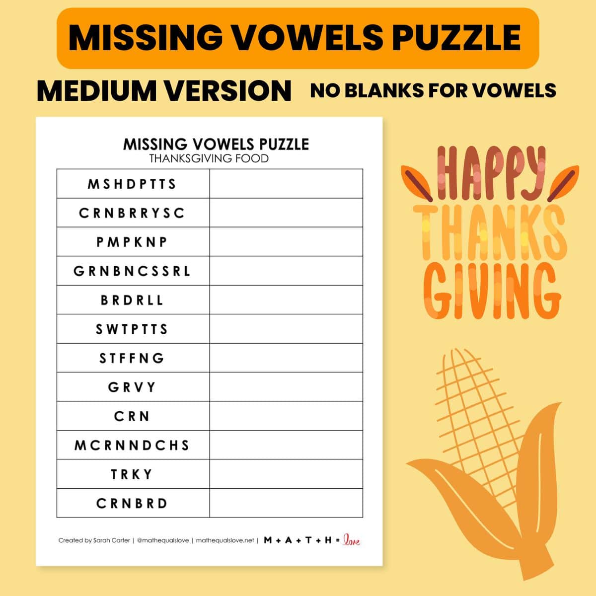 Thanksgiving Foods Missing Vowels Puzzle | Math = Love