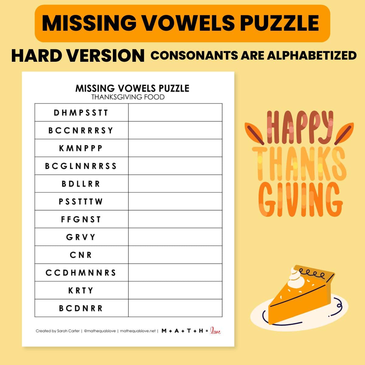 Thanksgiving Foods Missing Vowels Puzzle | Math = Love