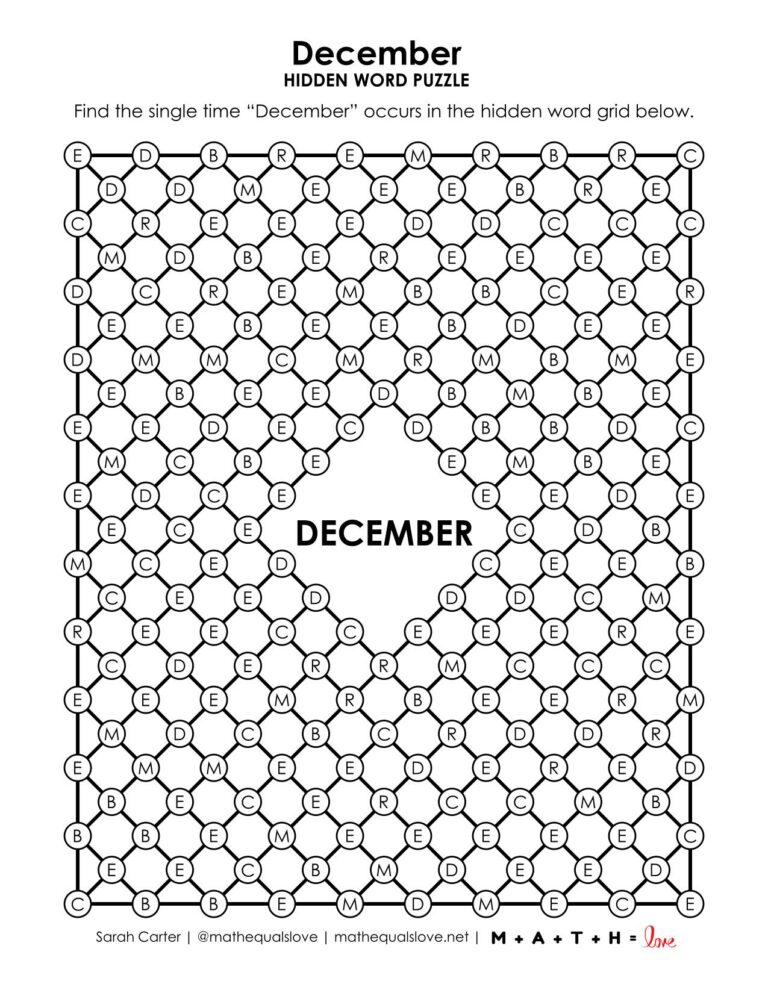 December Hidden Word Puzzle | Math = Love