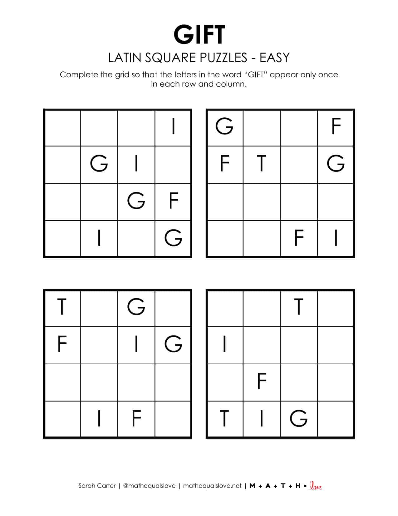 Gift Latin Square Puzzles | Math = Love