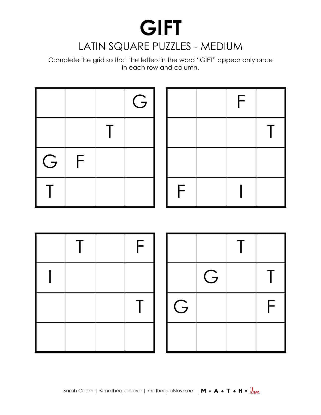Gift Latin Square Puzzles | Math = Love