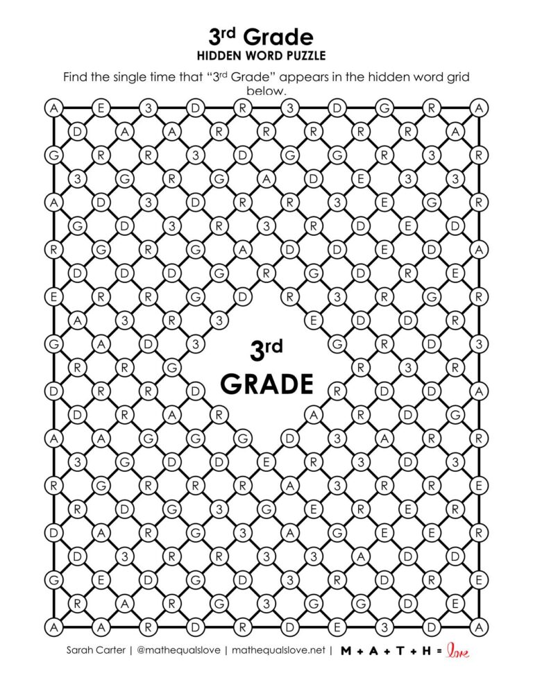 Grade Level Hidden Word Puzzles | Math = Love