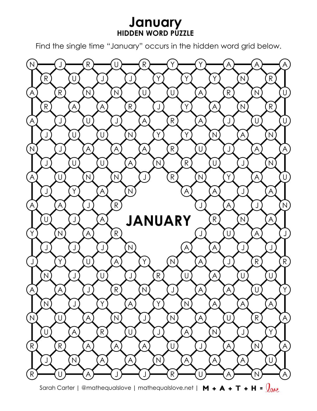 January Hidden Word Puzzle | Math = Love
