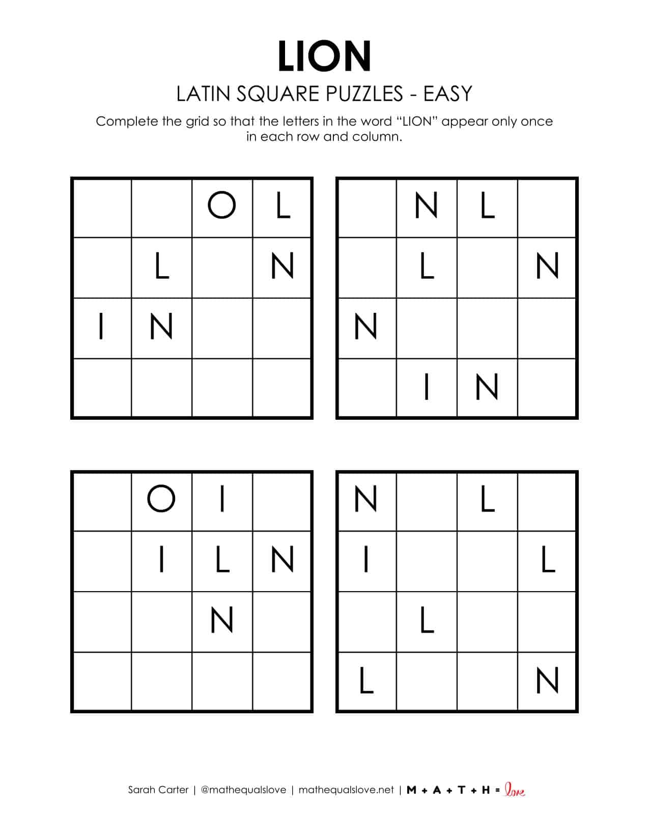 Lion Latin Square Puzzles | Math = Love