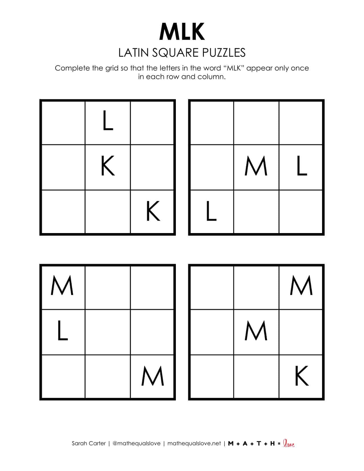 MLK Latin Square Puzzles | Math = Love