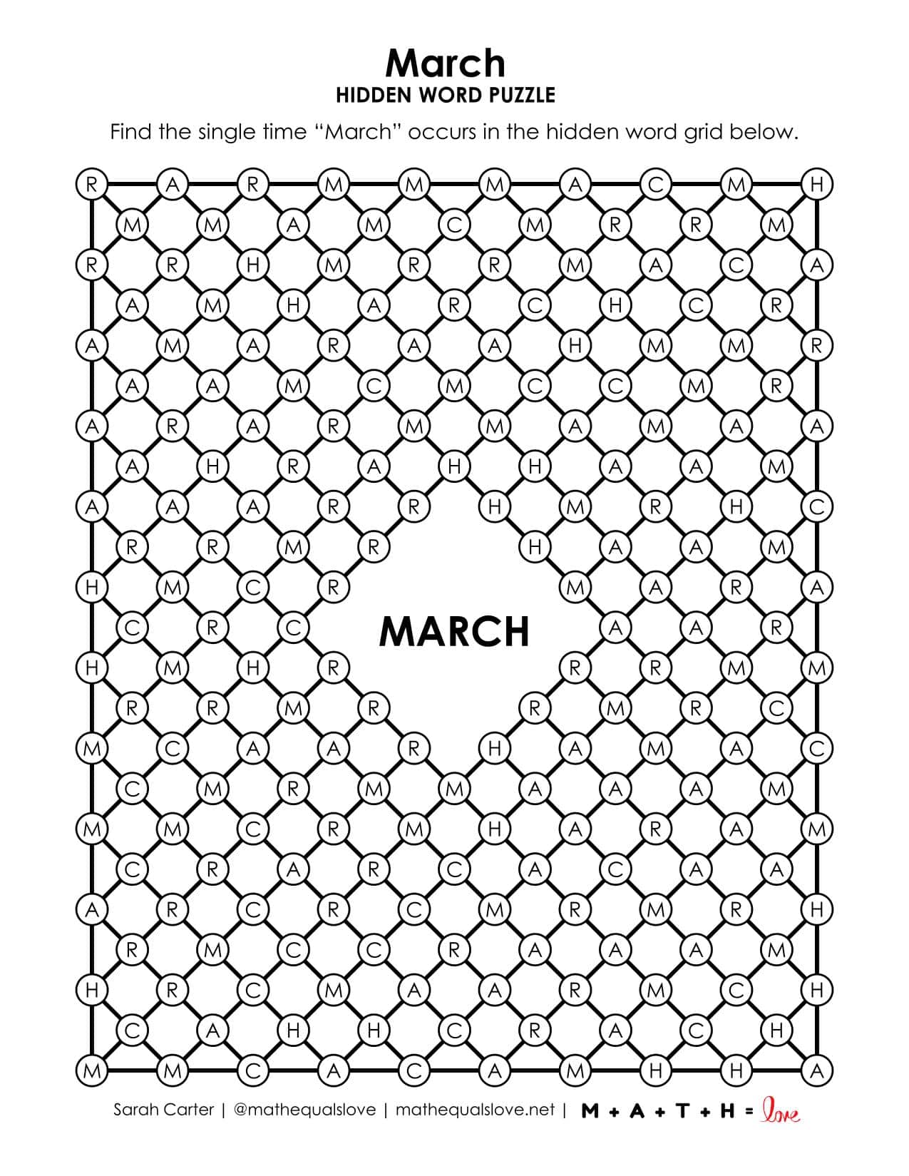 March Hidden Word Puzzle | Math = Love