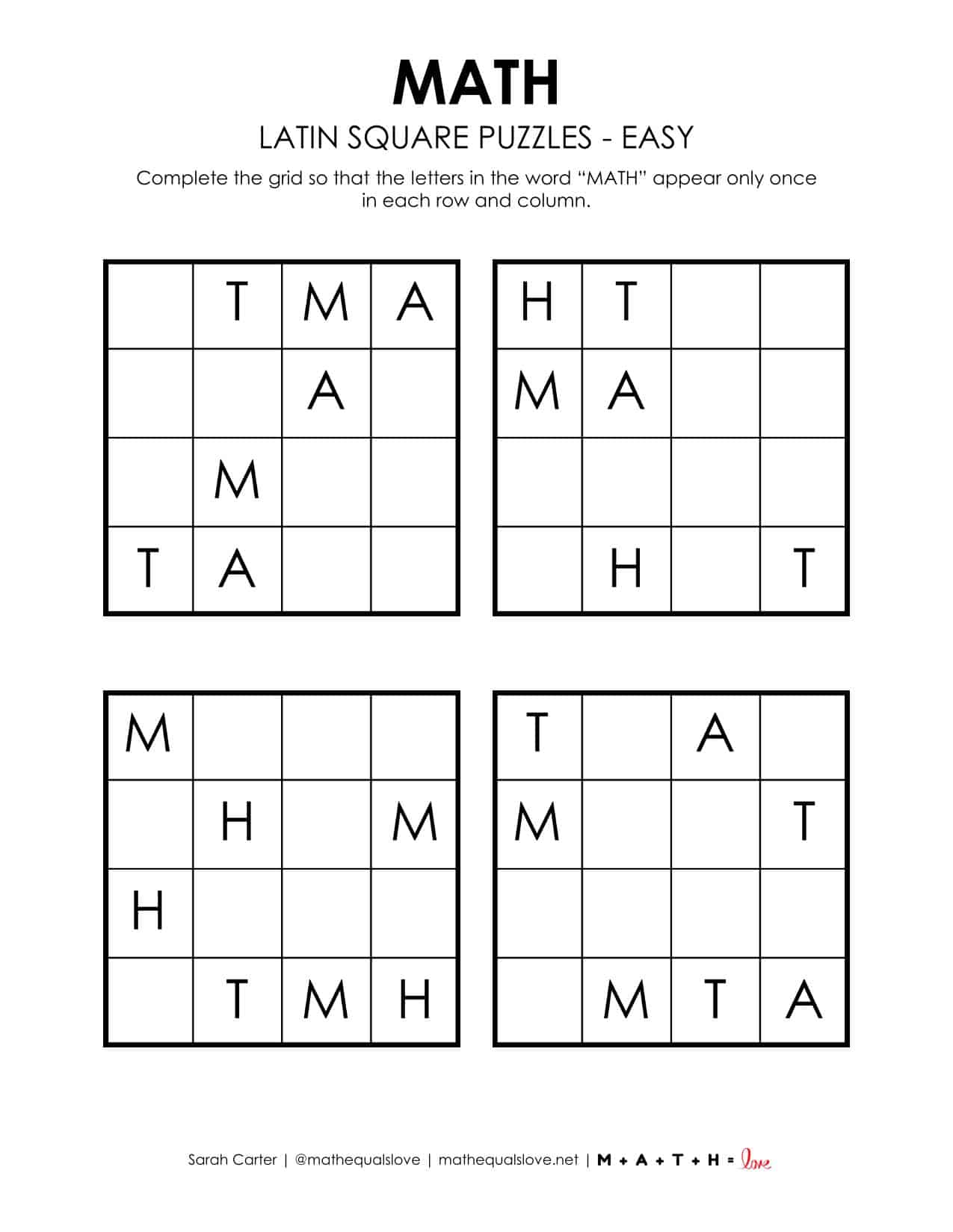 Math Latin Square Puzzles | Math = Love