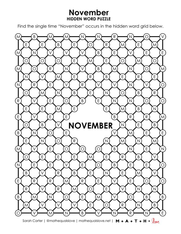 November Hidden Word Puzzle | Math = Love