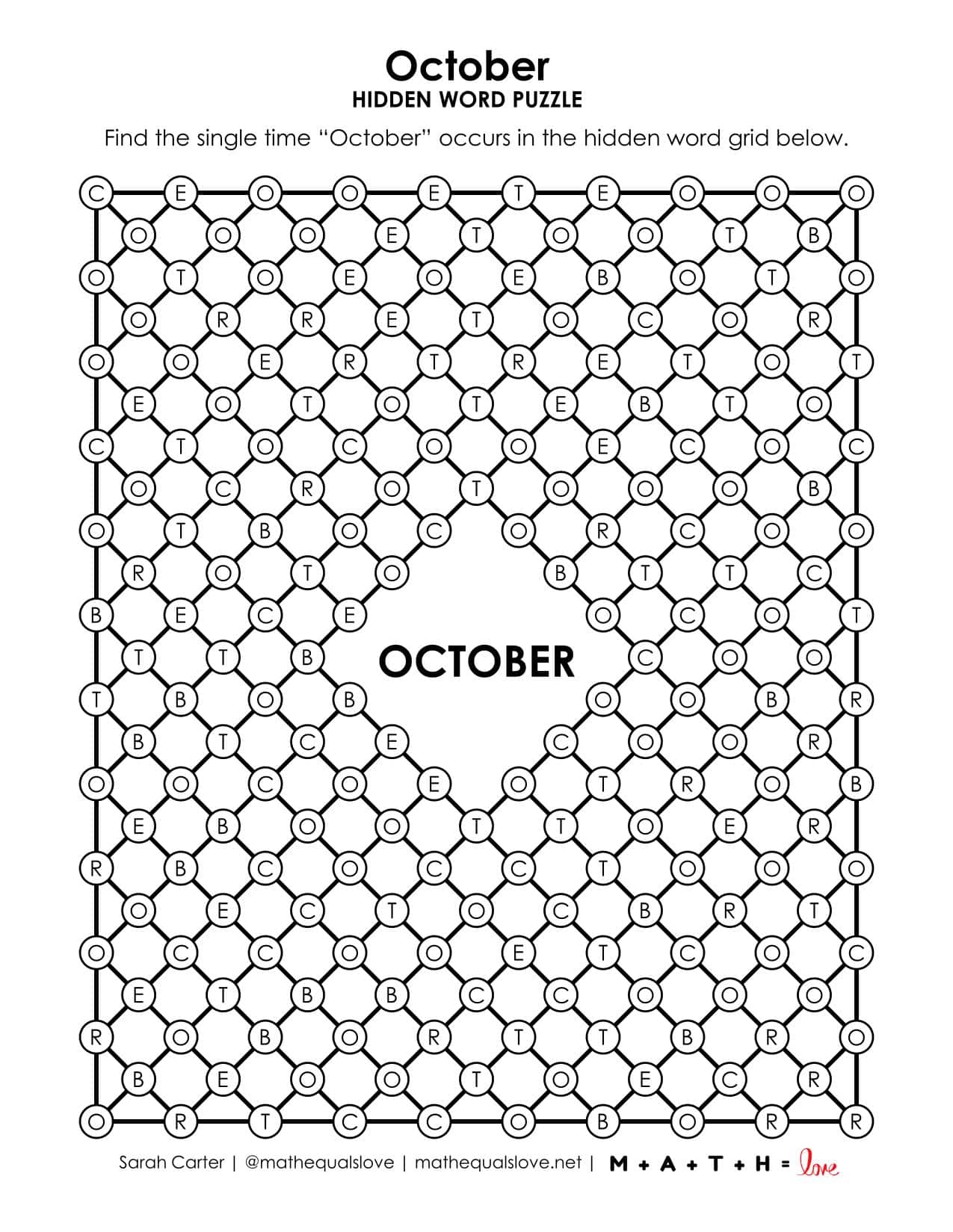 October Hidden Word Puzzle | Math = Love