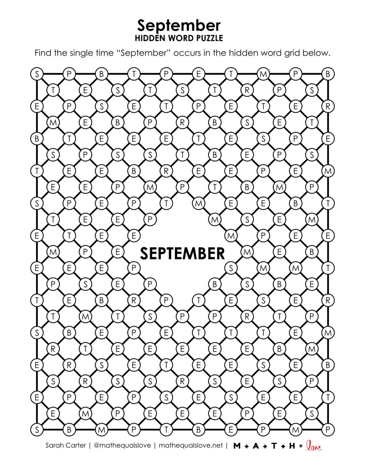 September Hidden Word Puzzle | Math = Love