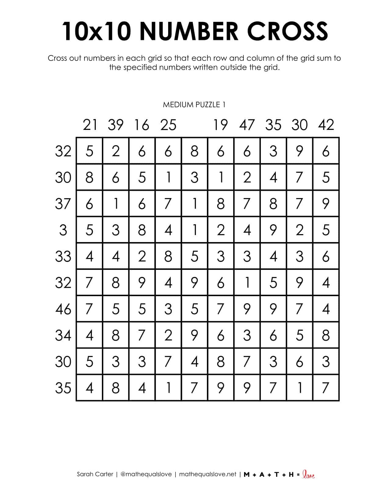 10x10 Number Cross Puzzles | Math = Love