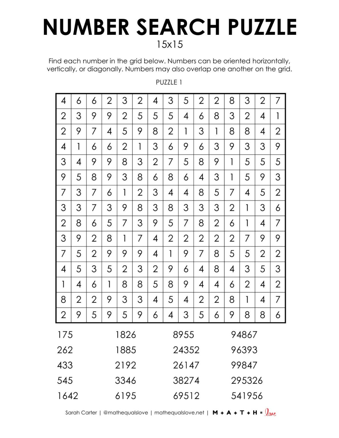 Number Search Puzzle Collection | Math = Love