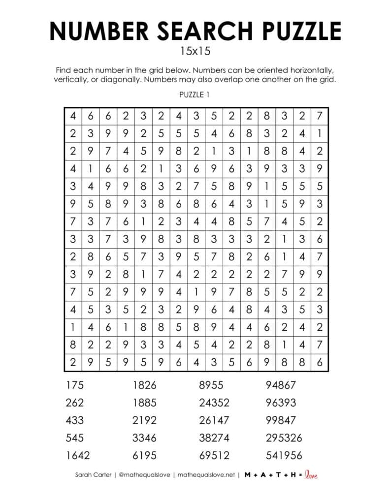 Number Search Puzzle Collection | Math = Love