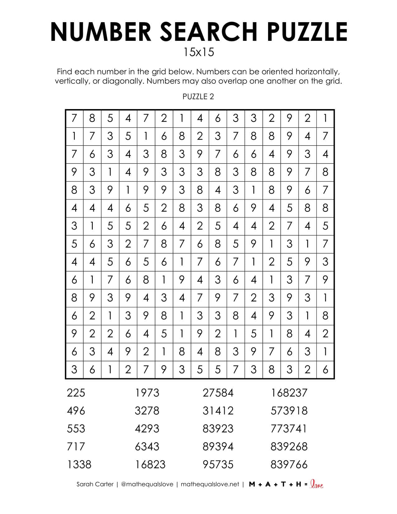 Number Search Puzzle Collection | Math = Love
