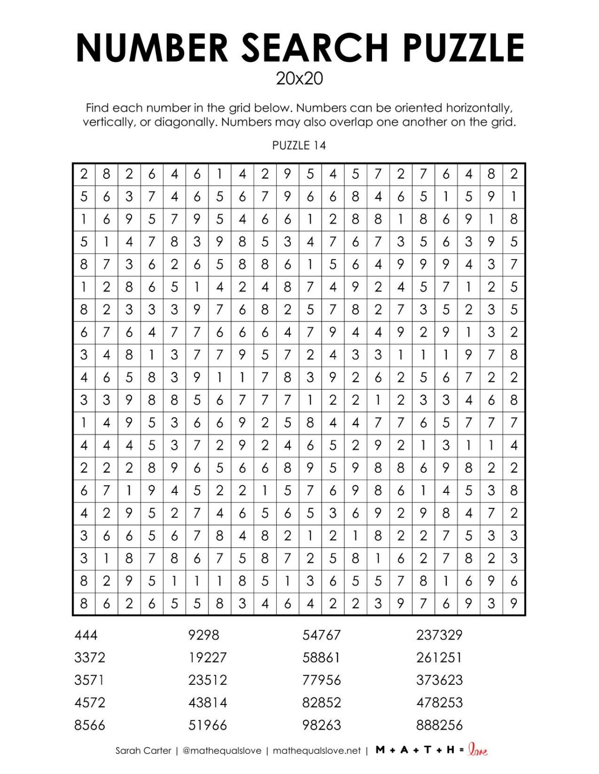 Number Search Puzzles - 20x20 | Math = Love