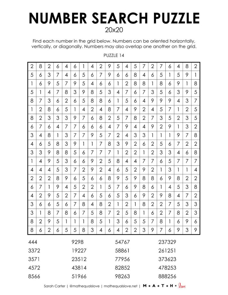 Number Search Puzzles - 20x20 | Math = Love