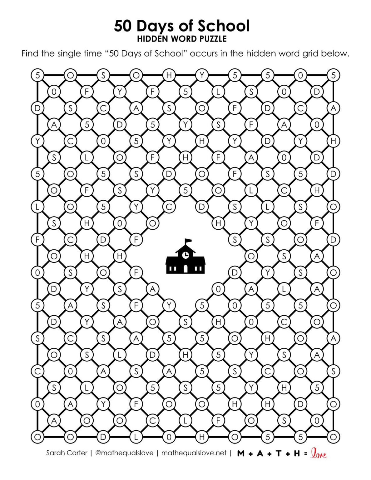 50 Days of School Hidden Word Puzzle | Math = Love