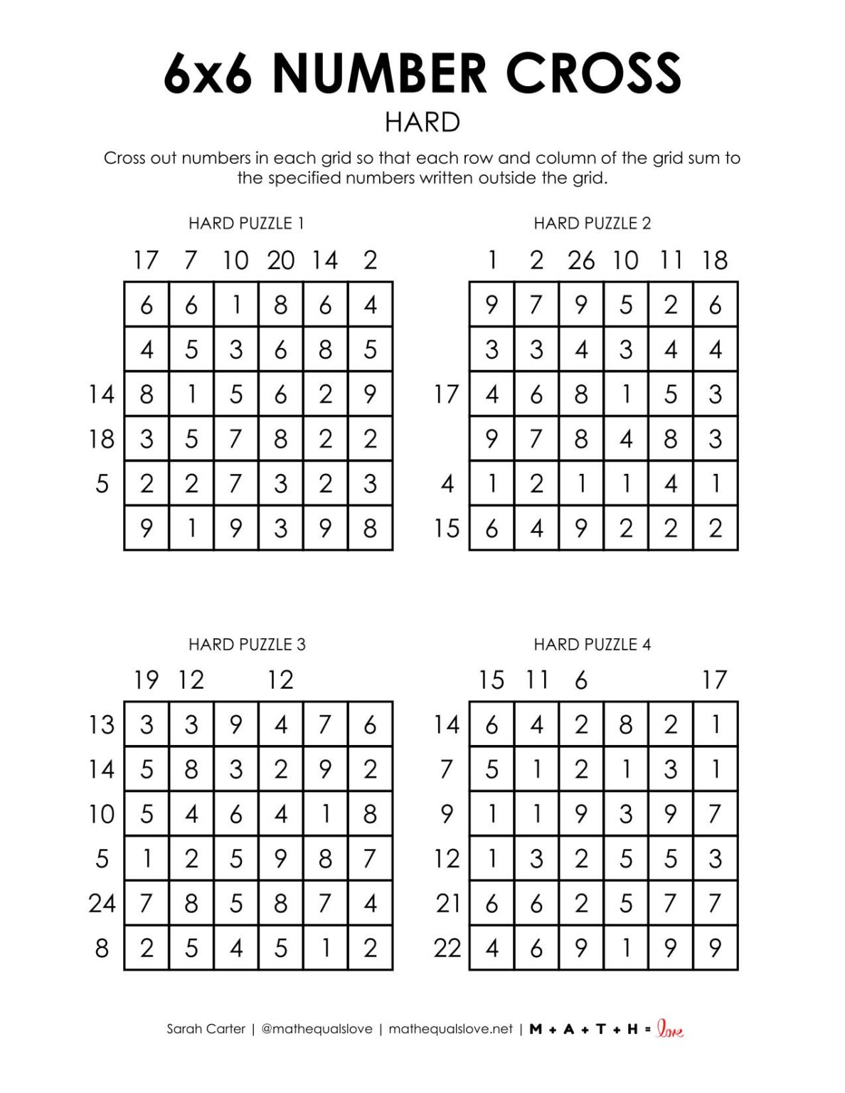 6x6 Number Cross Puzzles | Math = Love