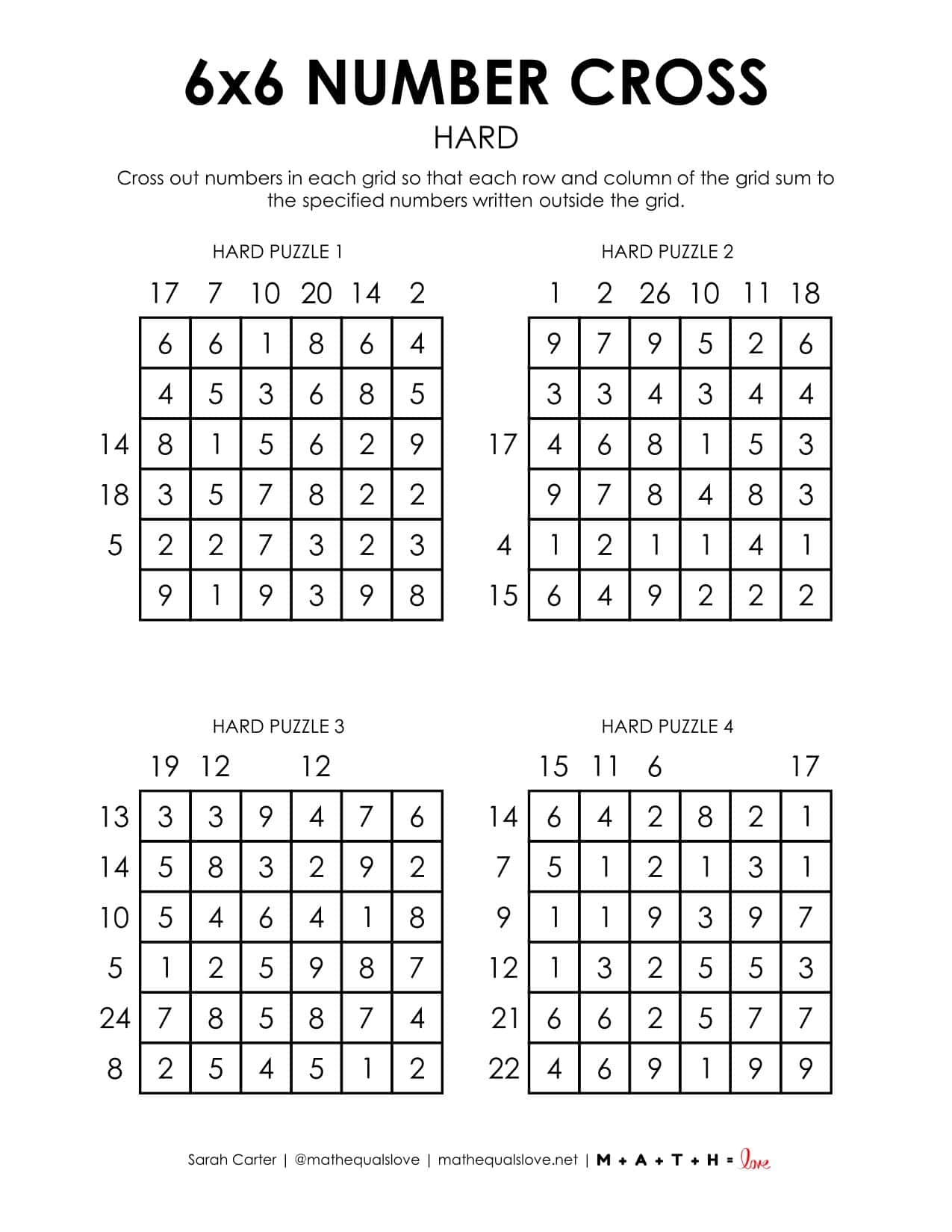 6x6 Number Cross Puzzles | Math = Love