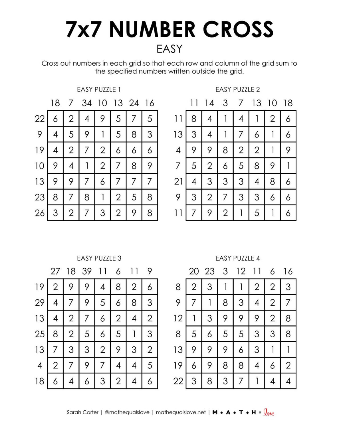 7x7 Number Cross Puzzles | Math = Love
