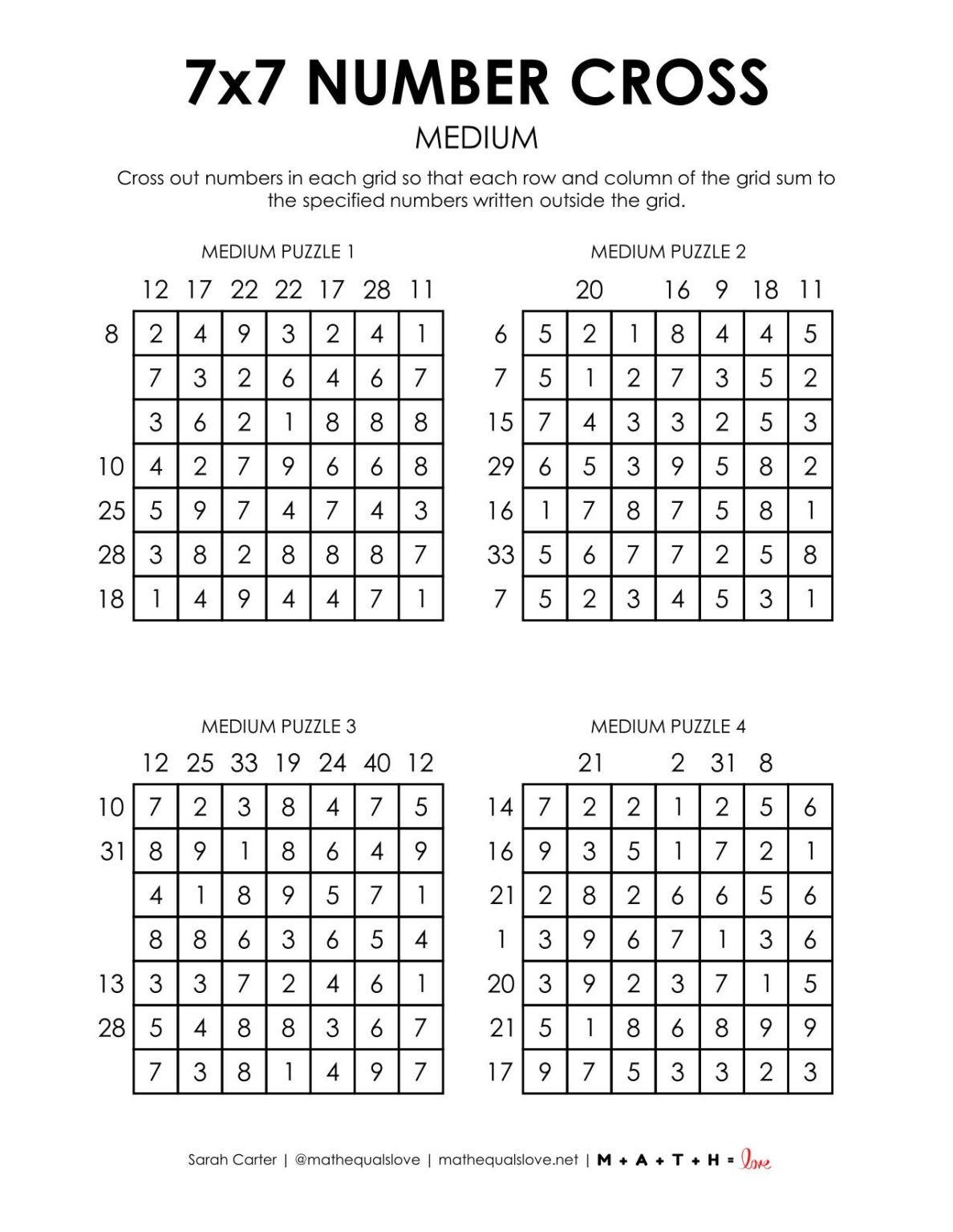 7x7 Number Cross Puzzles | Math = Love