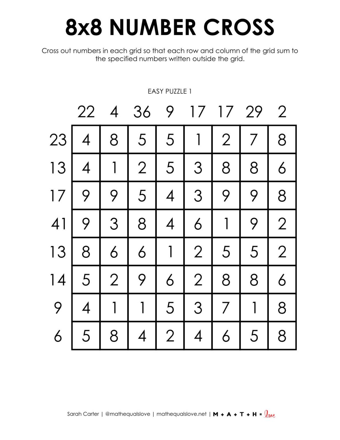 8x8 Number Cross Puzzles | Math = Love