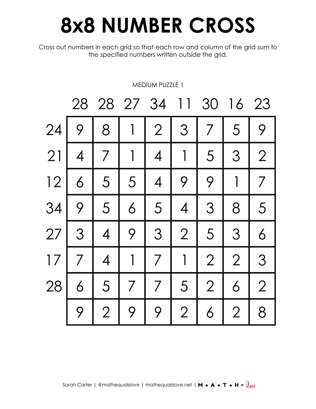 8x8 Number Cross Puzzles | Math = Love