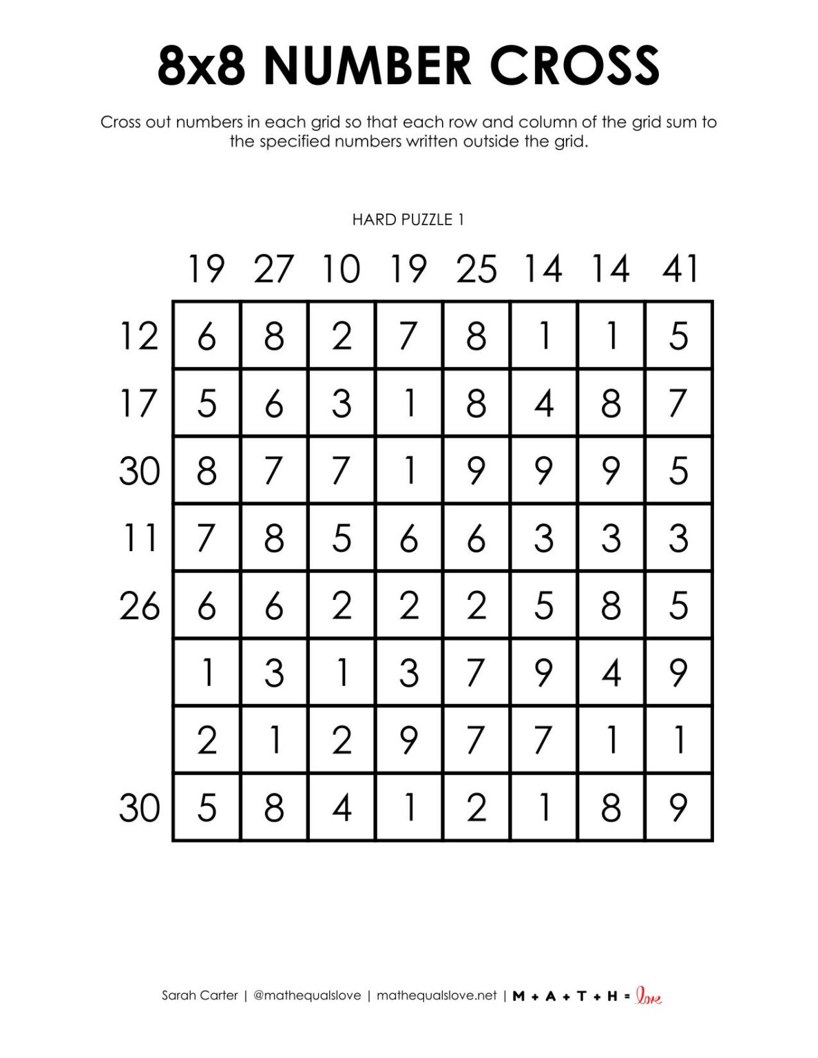 8x8 Number Cross Puzzles | Math = Love
