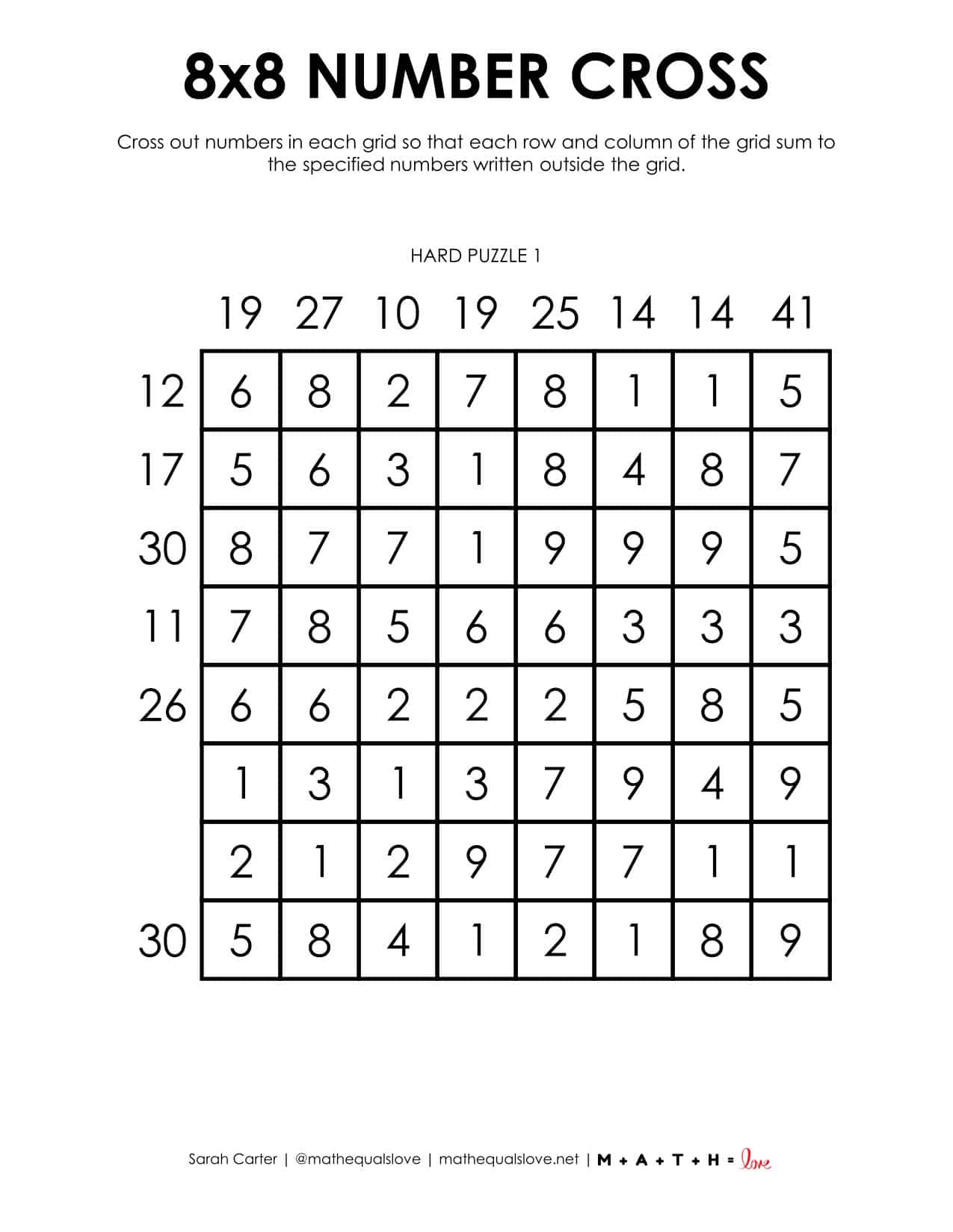 8x8 Number Cross Puzzles | Math = Love