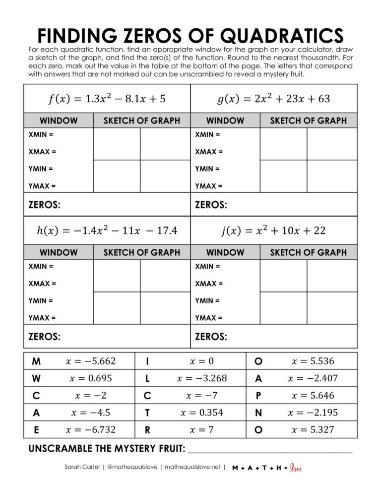 Finding Zeros of Quadratics Worksheet (Free Printable PDF)