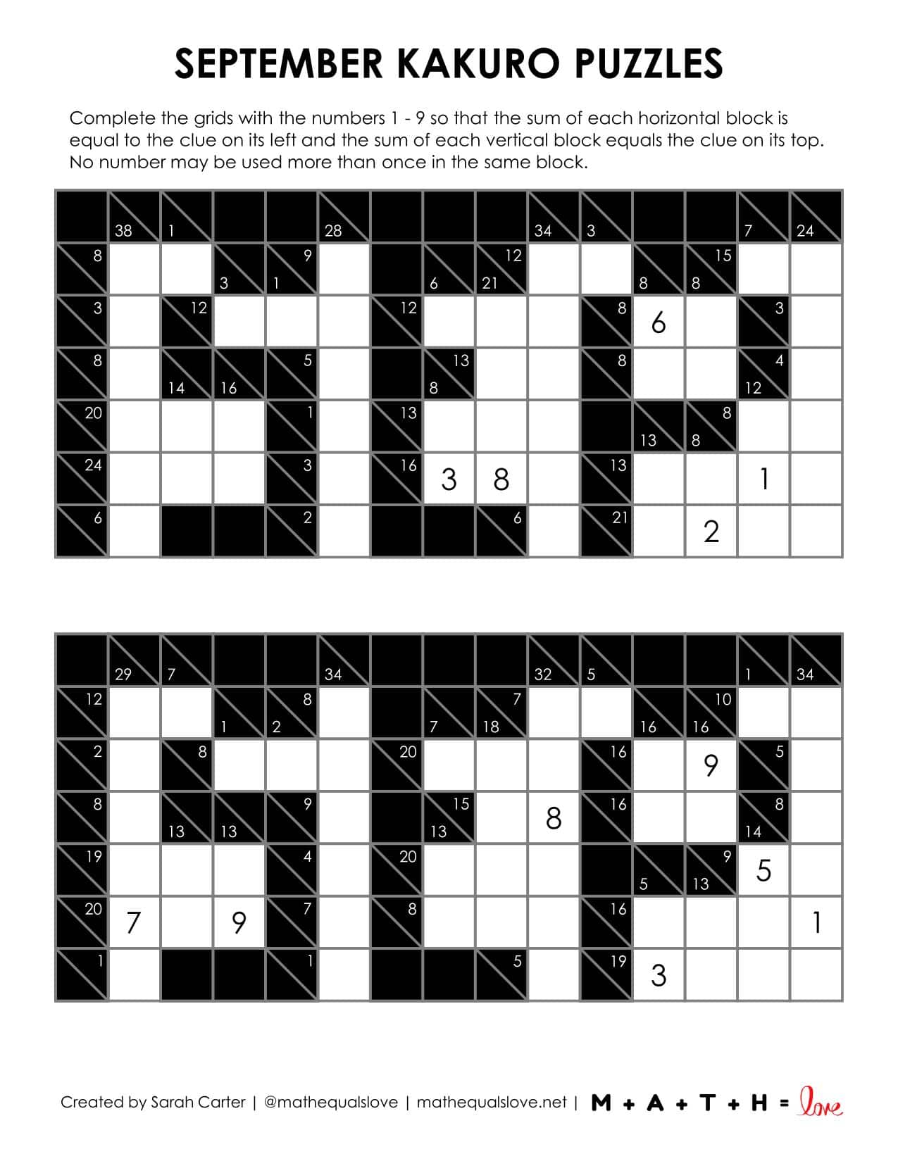 September Kakuro Puzzles | Math = Love
