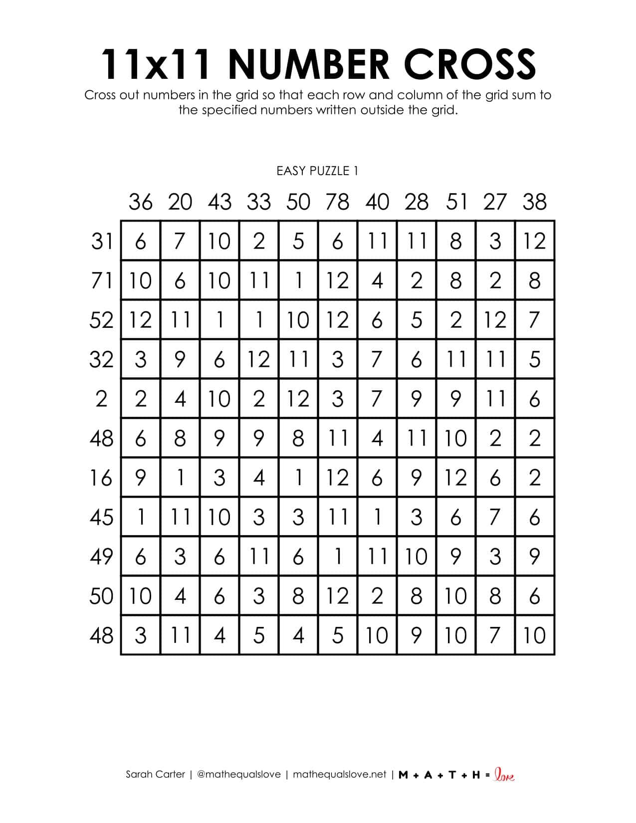 11x11 Number Cross Puzzles | Math = Love