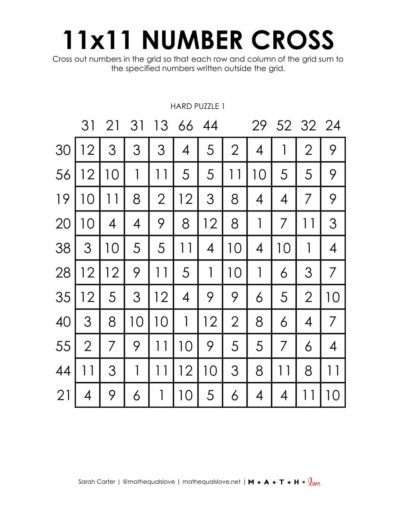 11x11 Number Cross Puzzles | Math = Love