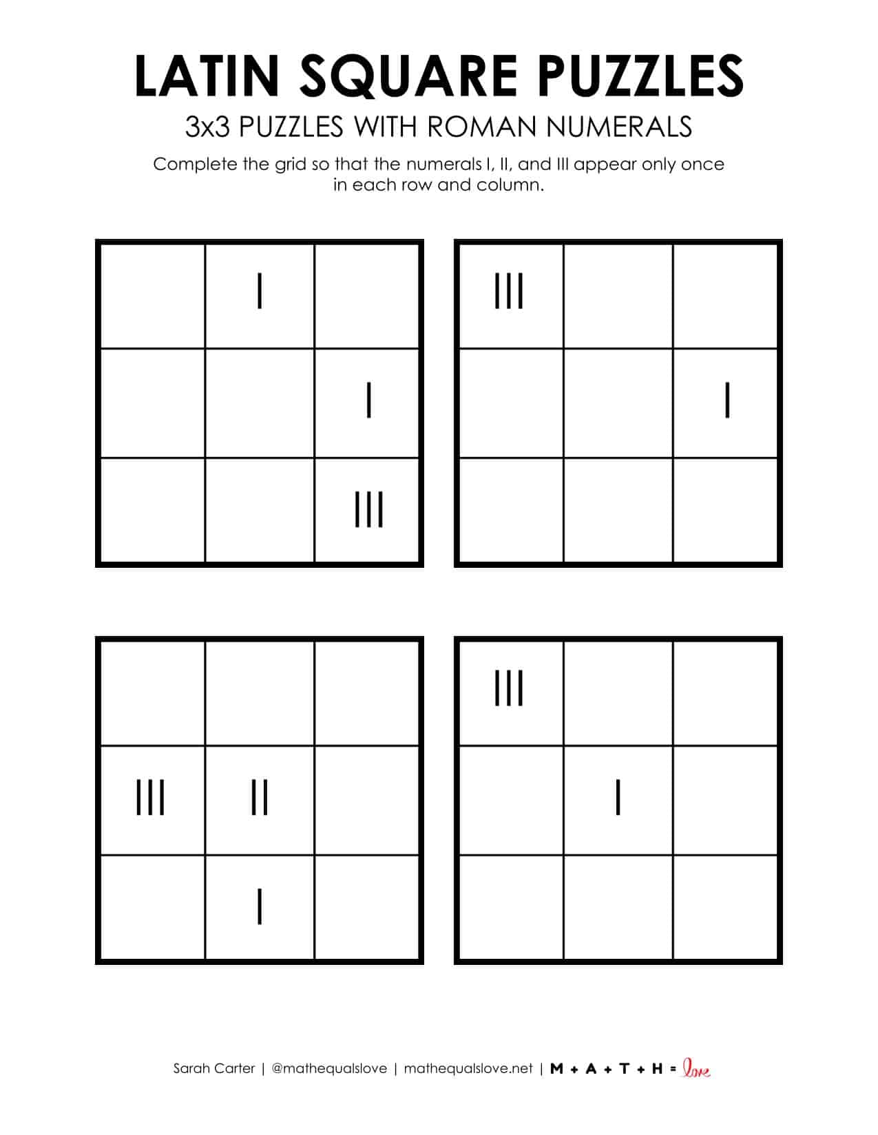 3x3 Latin Square Puzzles with Roman Numerals | Math = Love