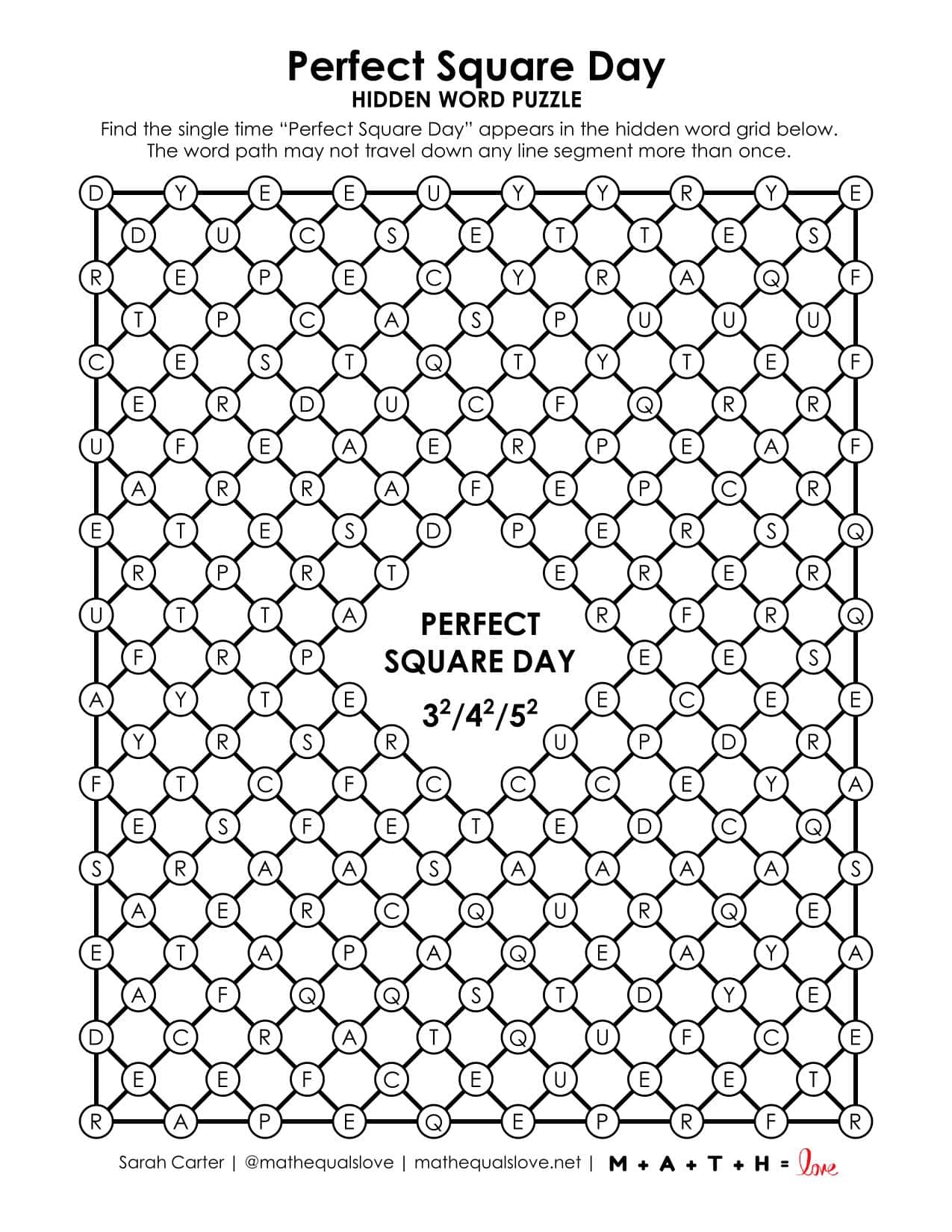 Perfect Square Day Hidden Word Puzzle | Math = Love