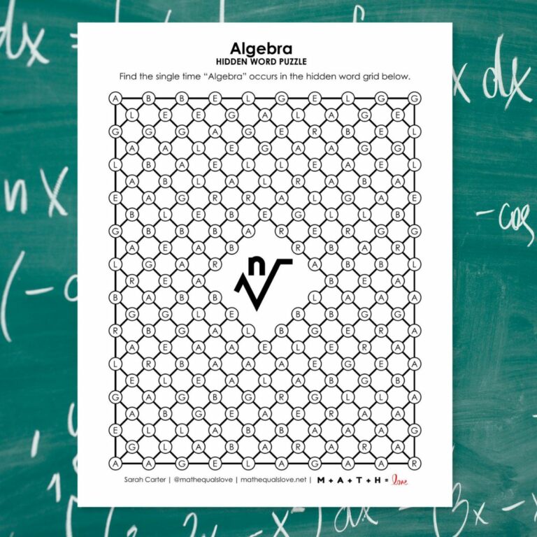 Algebra Hidden Word Puzzle | Math = Love