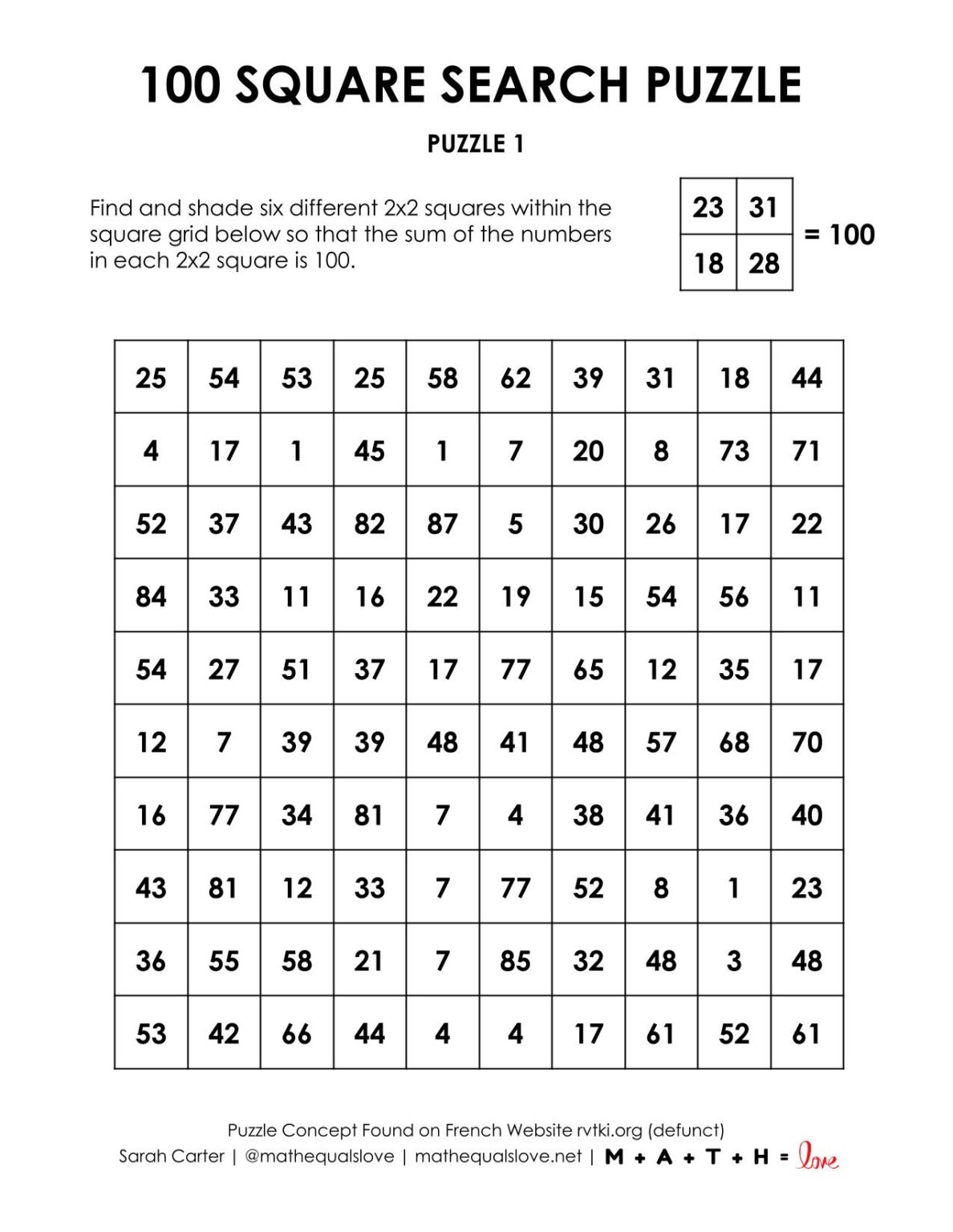 100 Square Search Puzzles | Math = Love