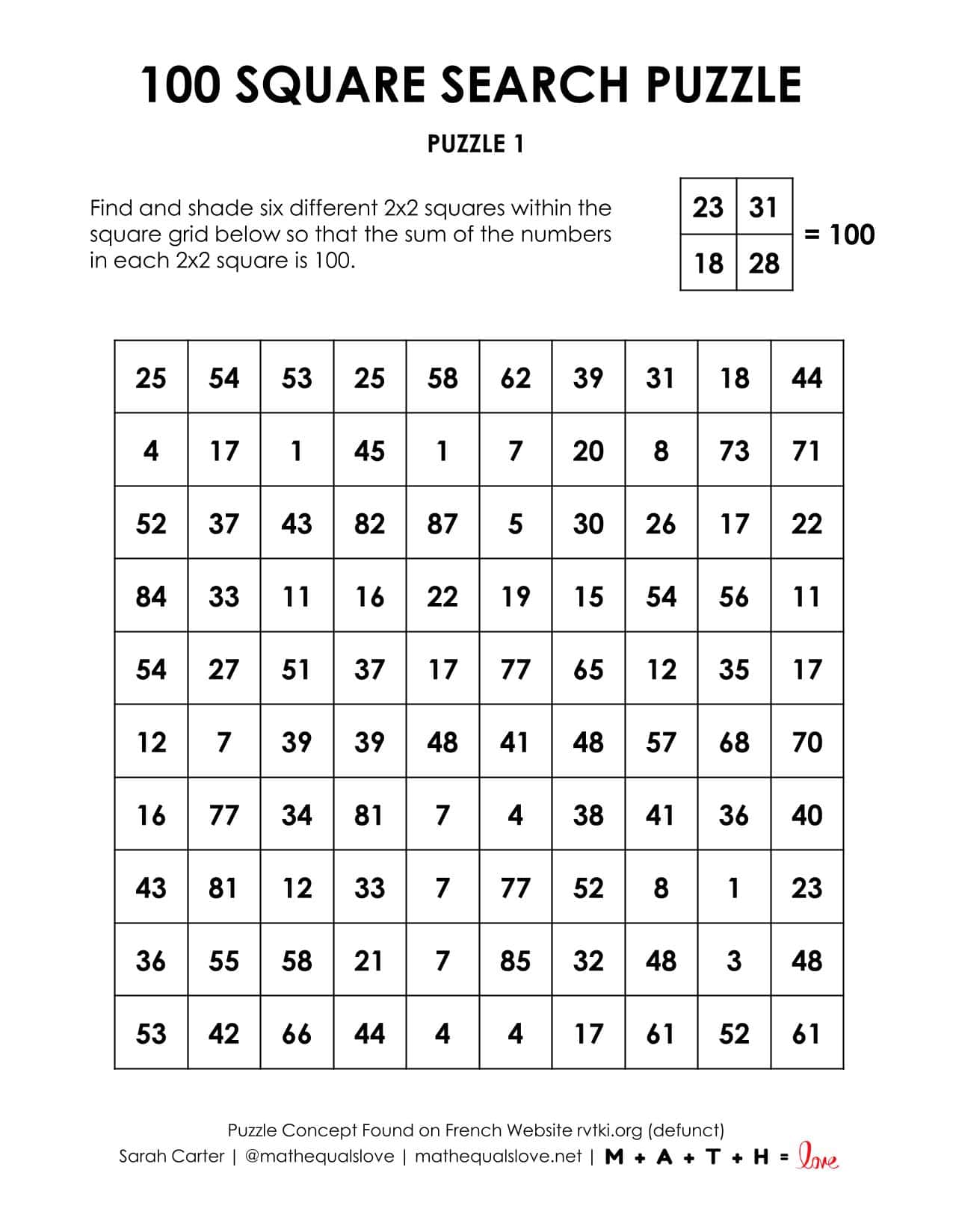 100 Square Search Puzzles | Math = Love
