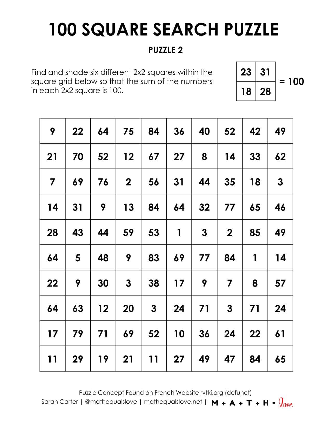 100 Square Search Puzzles | Math = Love
