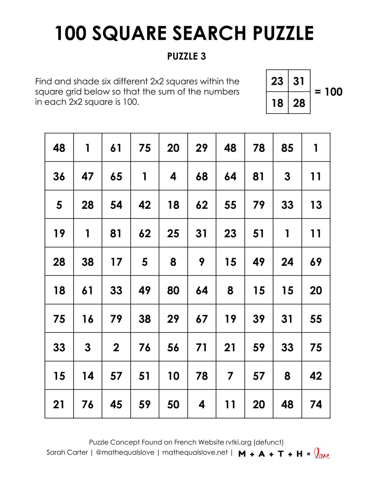 100 Square Search Puzzles | Math = Love