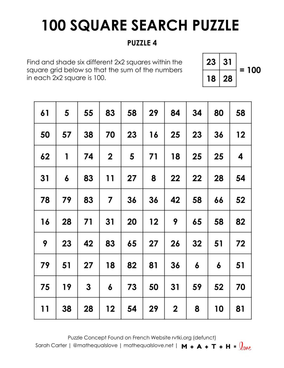 100 Square Search Puzzles | Math = Love