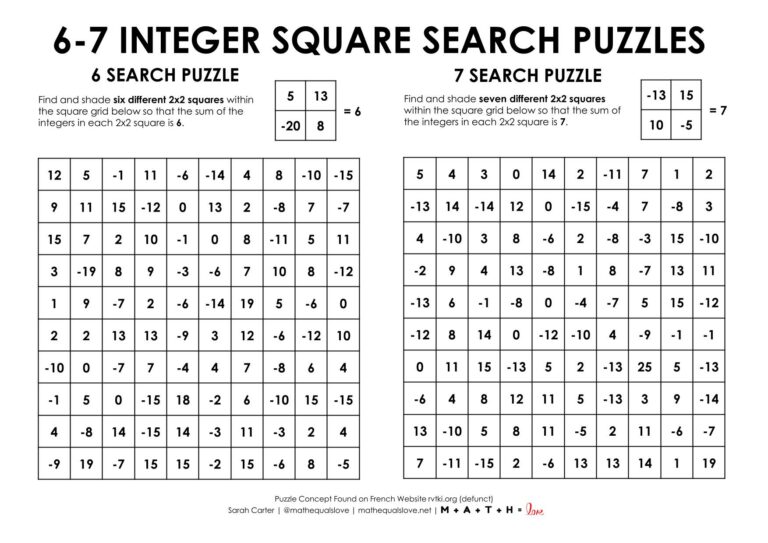 6-7 Integer Square Search Puzzles | Math = Love
