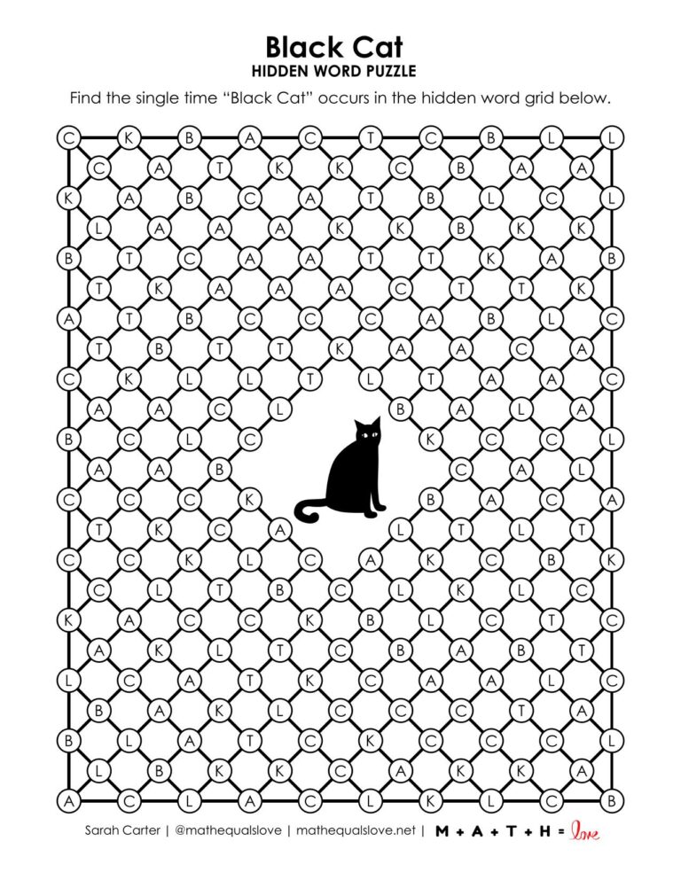 Black Cat Hidden Word Puzzle | Math = Love