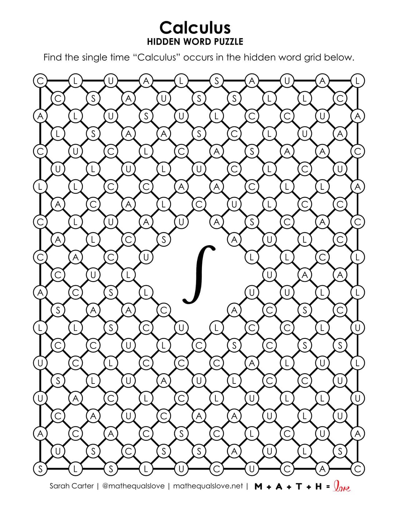 Calculus Hidden Word Puzzle | Math = Love
