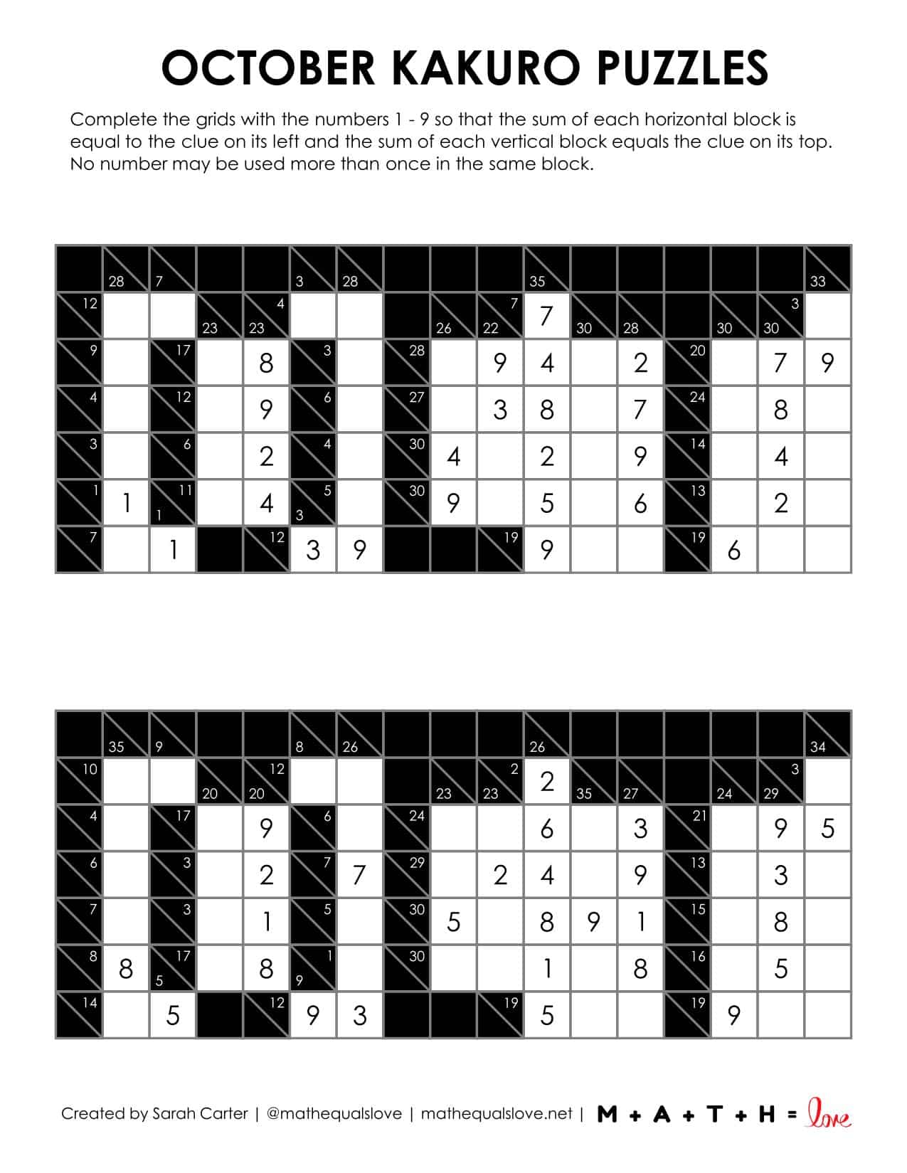 October Kakuro Puzzles | Math = Love